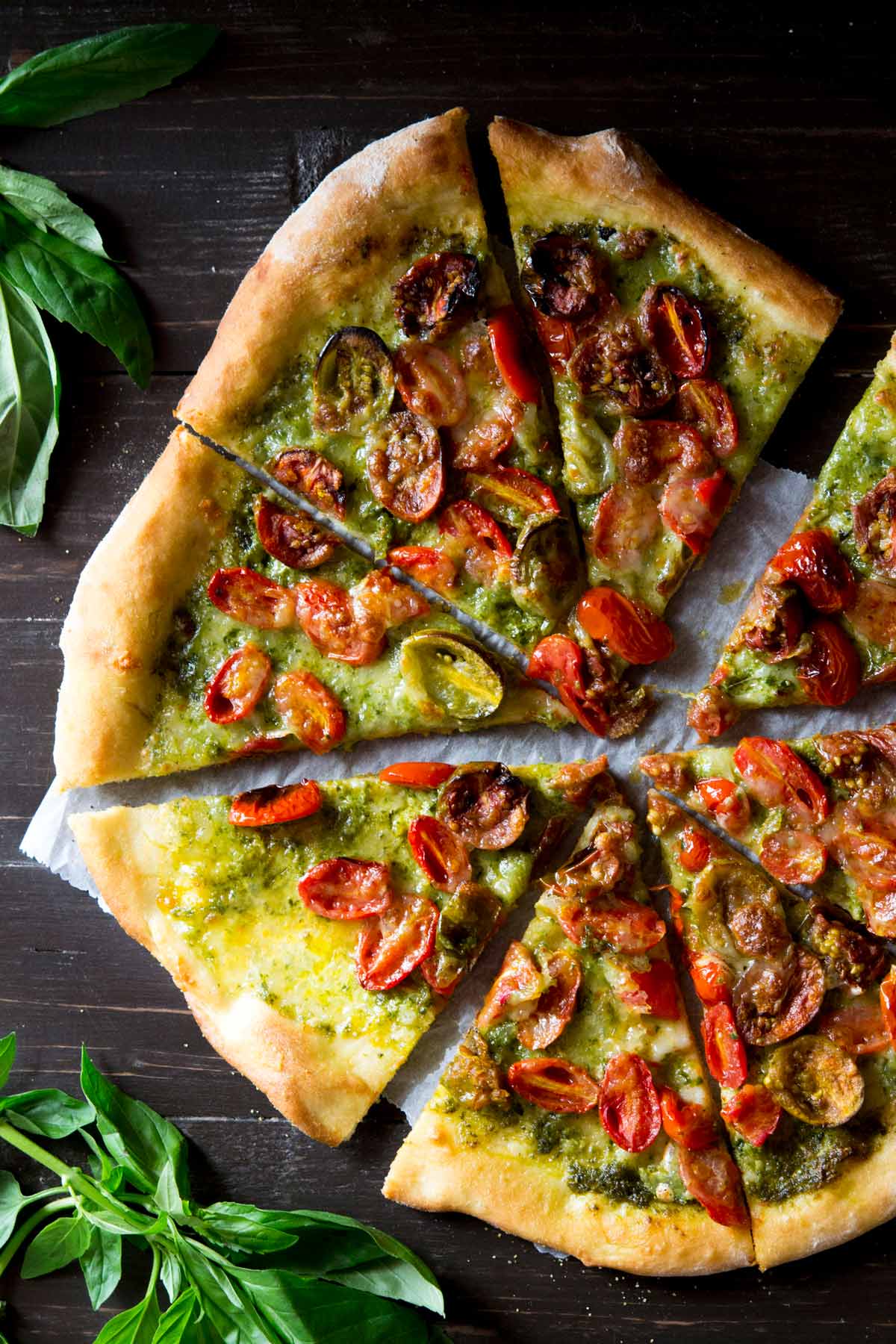 Basil Pesto Pizza With Mozzarella Roasted Tomatoes Inside The 
