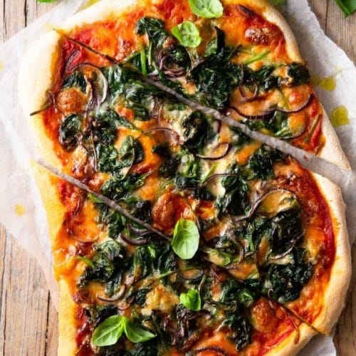 Spinach Pizza with Gorgonzola & Red Onion - Inside The Rustic Kitchen