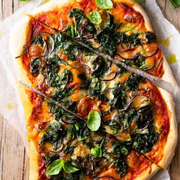 Spinach Pizza with Gorgonzola & Red Onion - Inside The Rustic Kitchen
