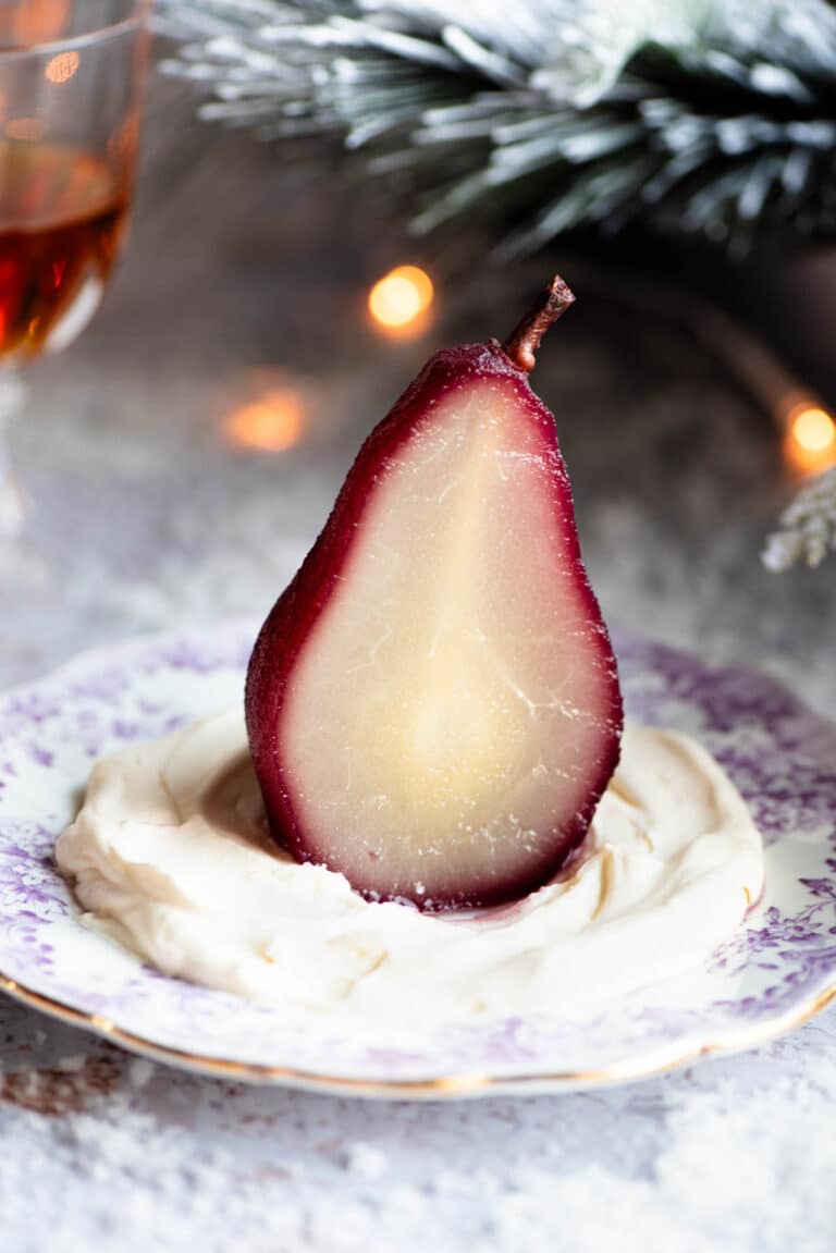Amaretto Red Wine Poached Pears - Inside The Rustic Kitchen